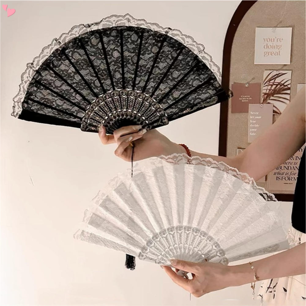 Lace Folding Fans Handheld Hand Fans with White Lotus Jade Tassel for ...