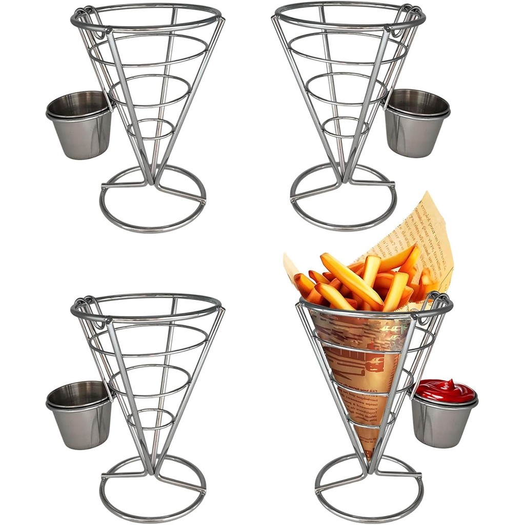 4PCS French Fries Racks with Dipping Cups, Stainless Steel Snack Basket ...