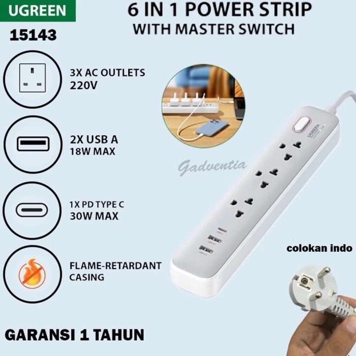 Ugreen Power Strip 6 in 1 Socket with Adapter 30W USB A & USB C ...
