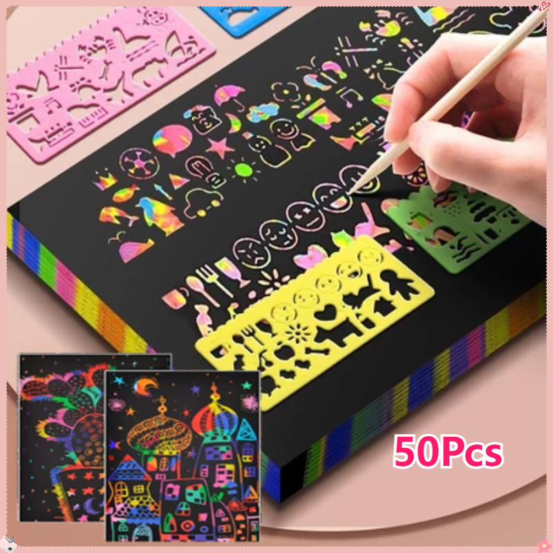 50Pcs Colorful Magic Scratch Card Art Drawing Paper Kids DIY Coloring ...