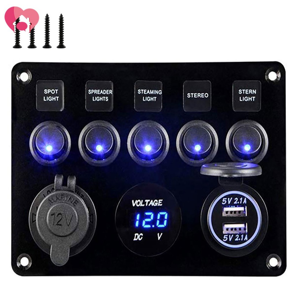 5 Gang Rocker Switch Panel Waterproof Marine Ignition Switch Panel 12V ...