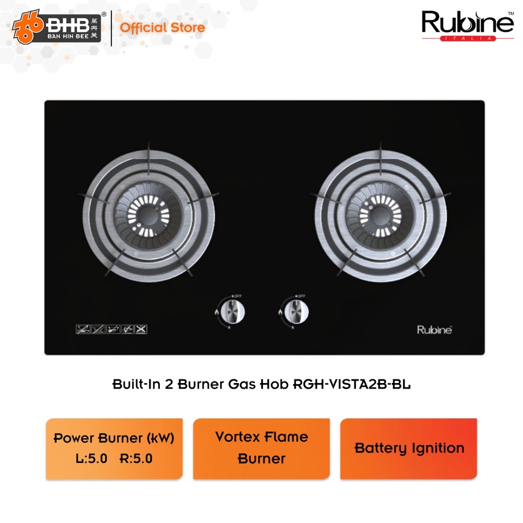 Rubine VISTA Built-in Black Tempered Glass Gas Hob 2 Burner 5.0kW ...