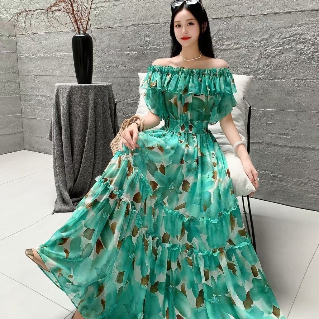 2025 raya baju pantai wanita rok panjang perempuan Gentle off-Shoulder ...