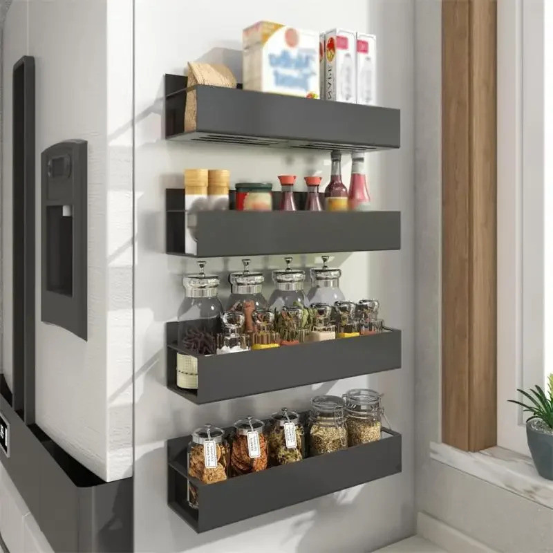 Magnetic Fridge Shelf Spice Storage Rack Refrigerator Side Shelf Black ...