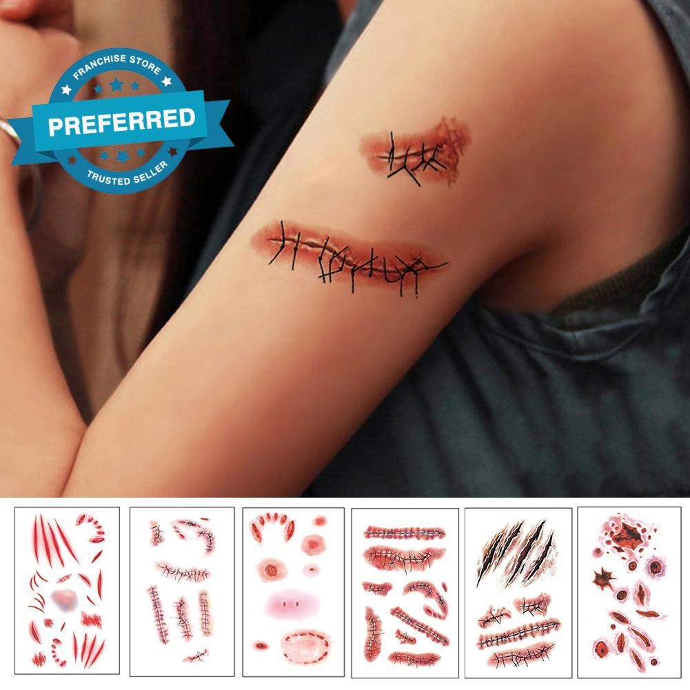 Halloween Scar Tattoo Stickers Scary Realistic Fake Stitched Prank ...