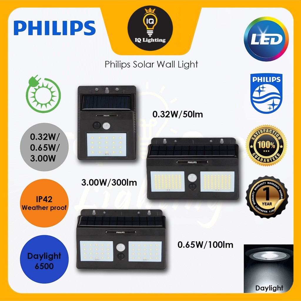 Philips Essential SmartBright Solar Wall Light 6500K (Inbuilt Solar Panels) (0.32W/0.65W/3W ...
