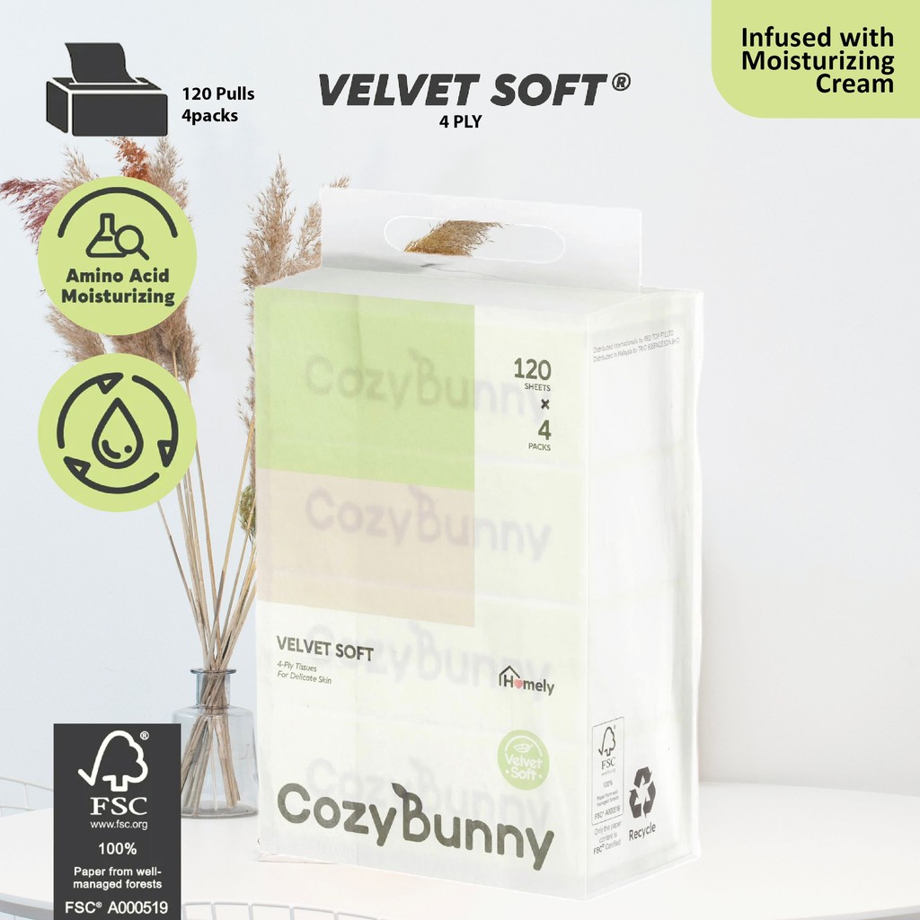 CozyBunny Velvet Soft Face Tissues (Homely) 4 Packs x 120 Sheets (4 Ply ...