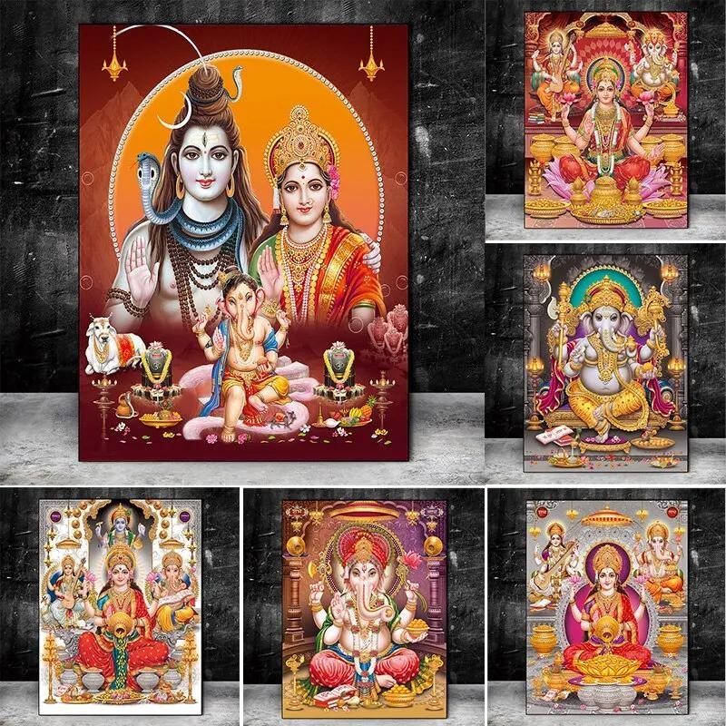 Kanvas Seni Dinding Ganesha Emas - Poster Dewa Gajah Hindu Shiva ...