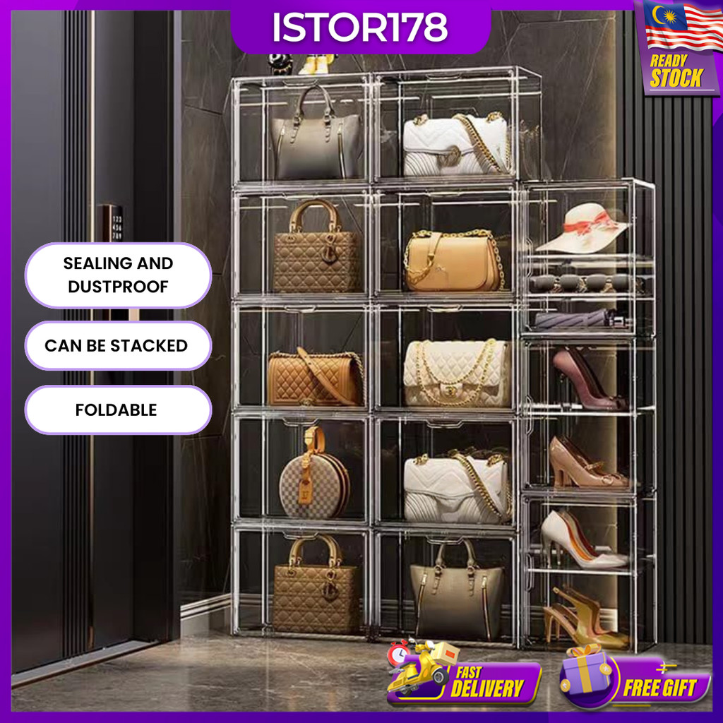 ISTOR😺TRANSPARENT DISPLAY BOX HANDBAG BOX MAGNETIC SHOES STORAGE BOX ...