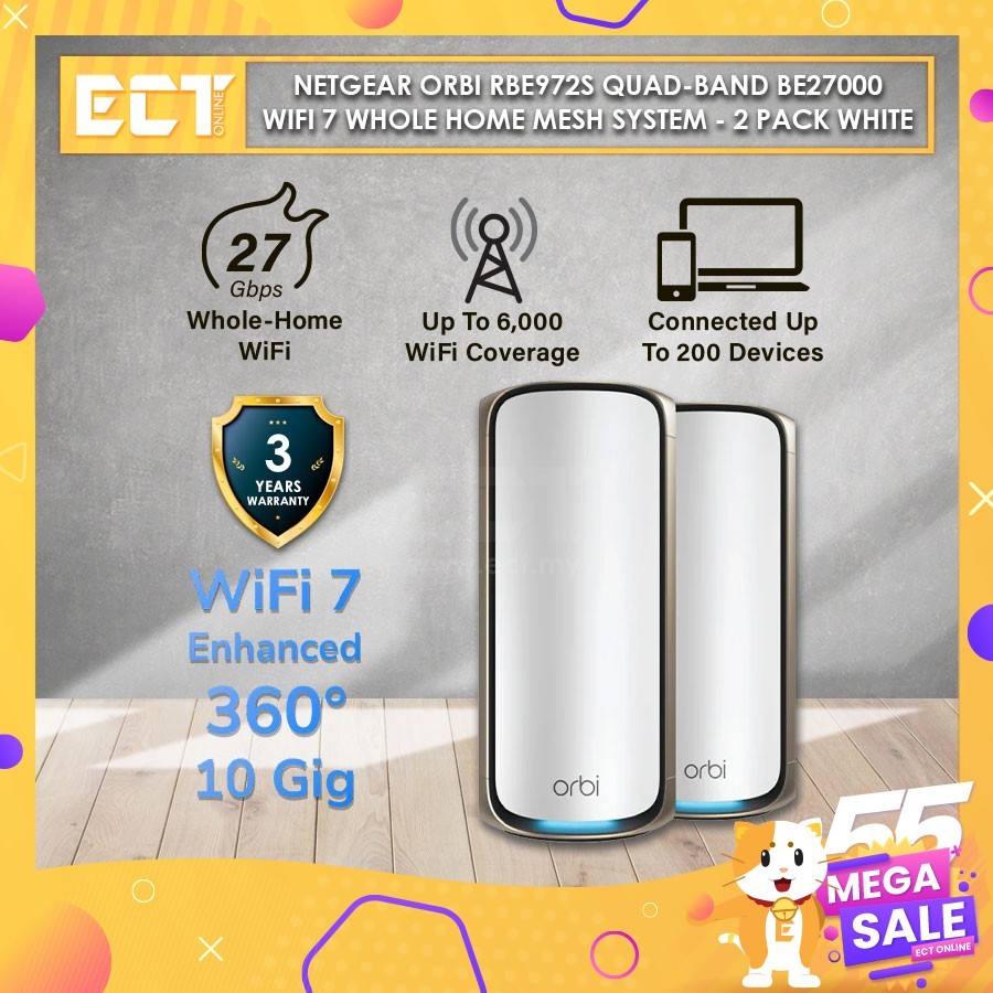 Netgear Orbi RBE972S Quad-Band BE27000 WiFi 7 Whole Home Mesh System ...