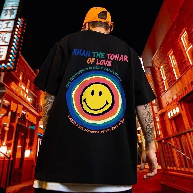 Halloween American hip-hop graffiti smiley face t-shirt men ins fashion ...