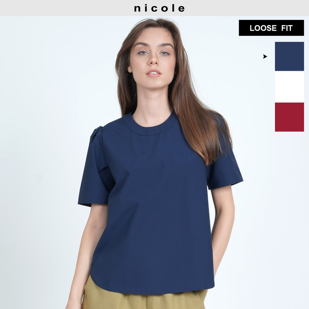Nicole Round Neckline, Short Sleeve Blouse with Uneven Hemline (3 Color ...
