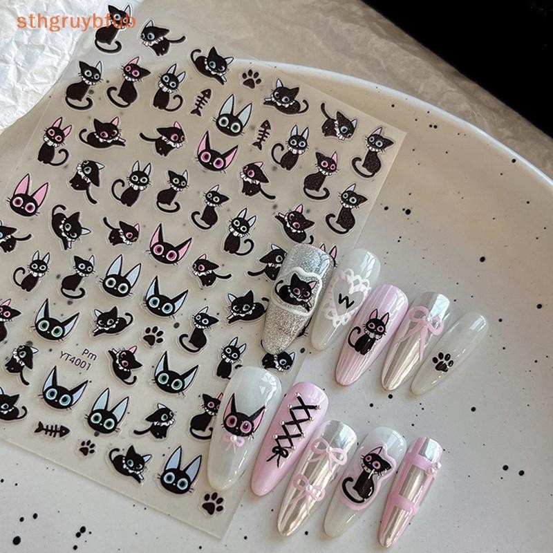 STHB 3D Cartoon Cat Nail Stickers Black Cat Decals Fishbone Cat Claws ...