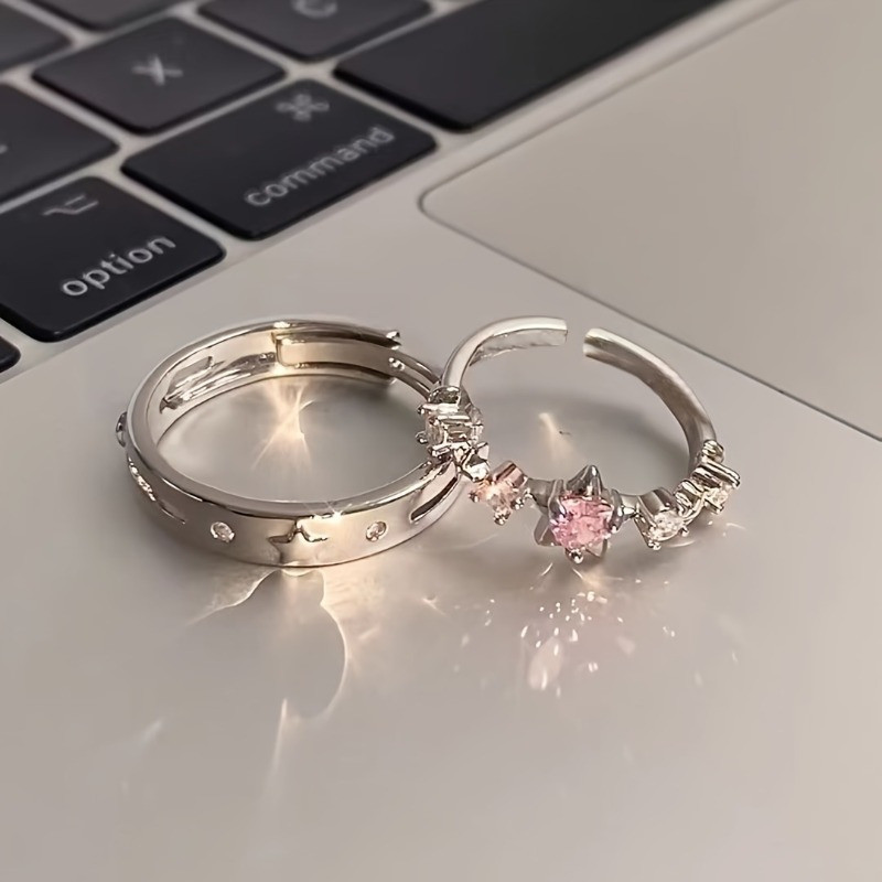 Copper Couple Rings Set 2pcs Adjustable Open Band Design Sparkling ...