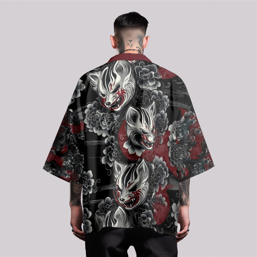 Summer Samurai Fox Flower Print Sun Protective Plus Size Kimono Men ...