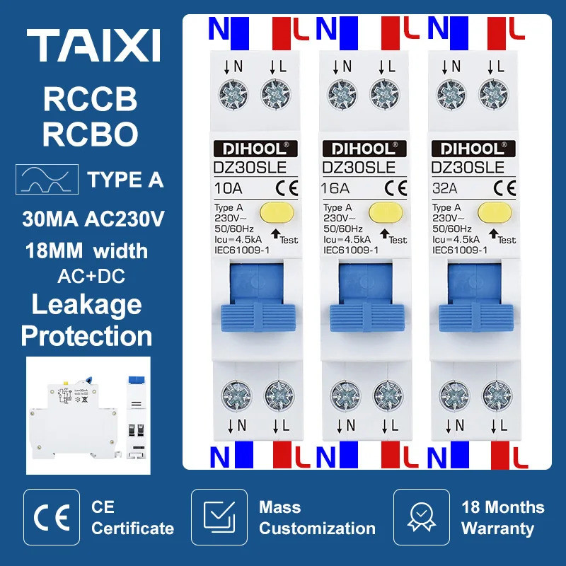 RCBO Type A 30MA 220V Earth Leakage Circuit breakers RCCB 1P+N 10A 16A ...