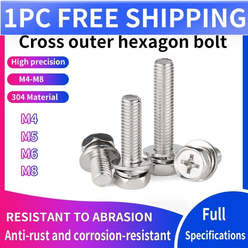 （10pc）304 Stainless Steel M4 M5 M6 M8 Cross Recessed Phillips Hex Head ...