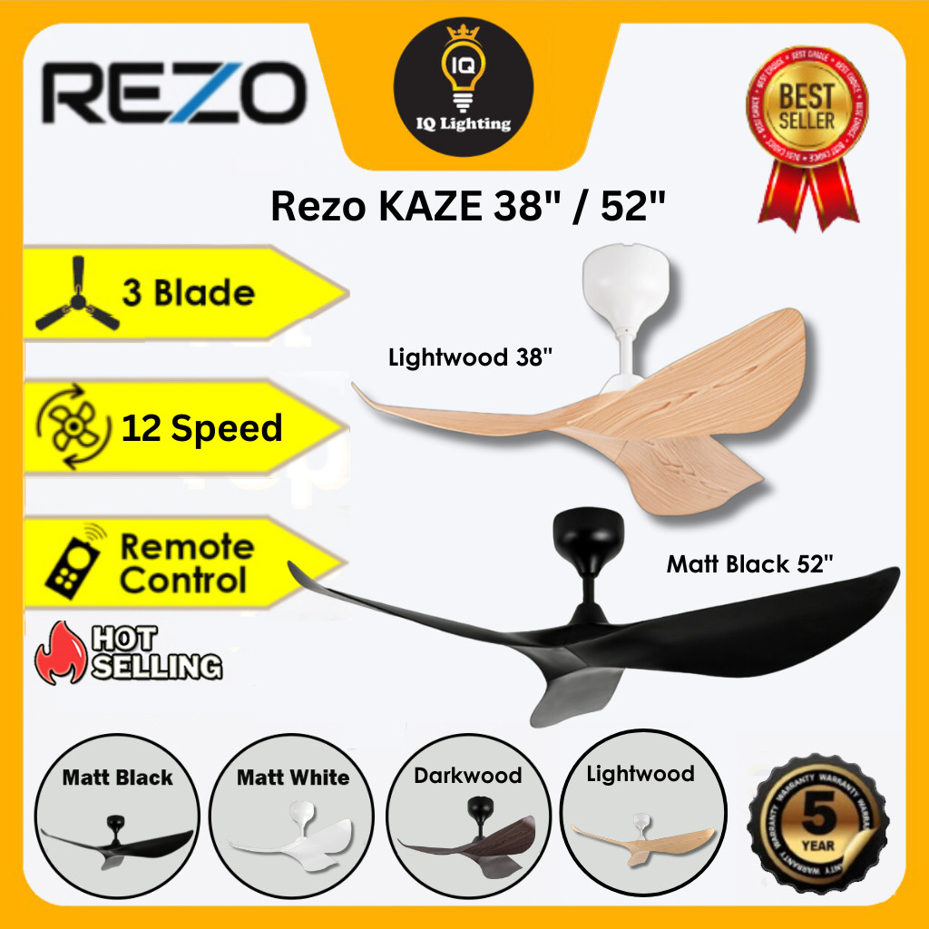 REZO KAZE Ceiling Fan 52" 38" DC Motor 3 blade with remote designer fan ...