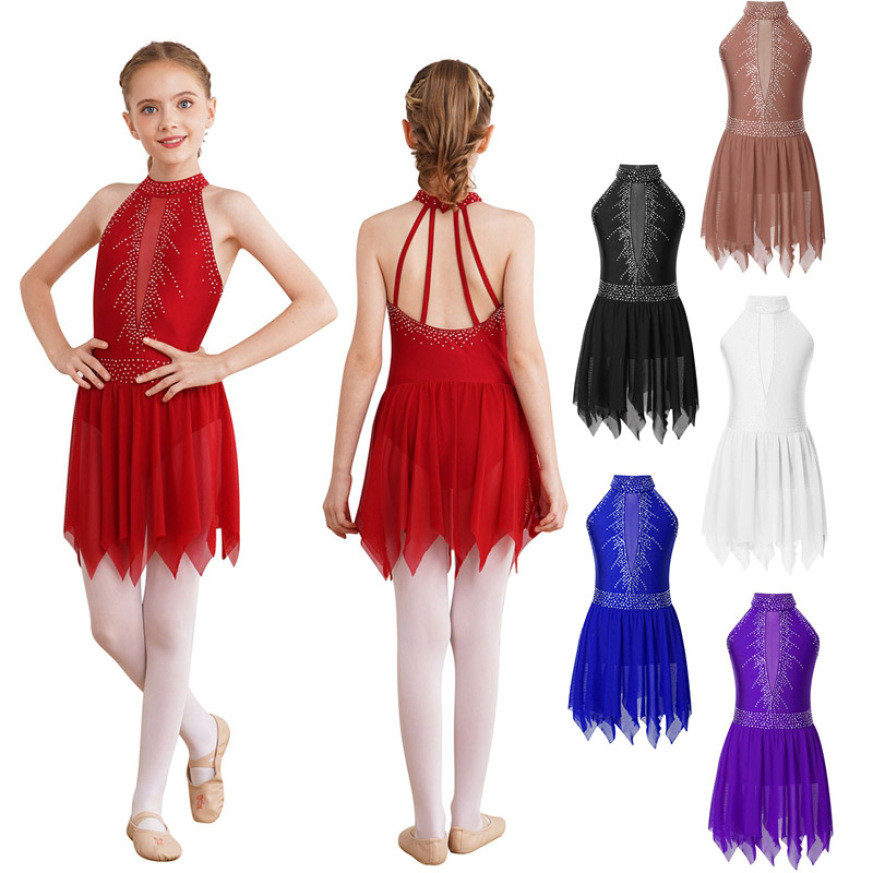 Hedmy Kids Girls Figure Ice Skating Leotard Dress Backless Asymmetrical ...