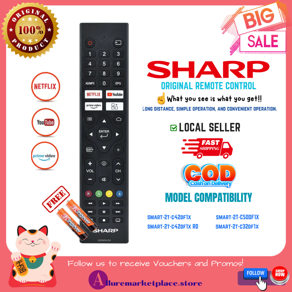 SHARP Smart TV Remote Control GB396WJSA MODEL 2T C42DF1X 2T C42DF1X RD ...