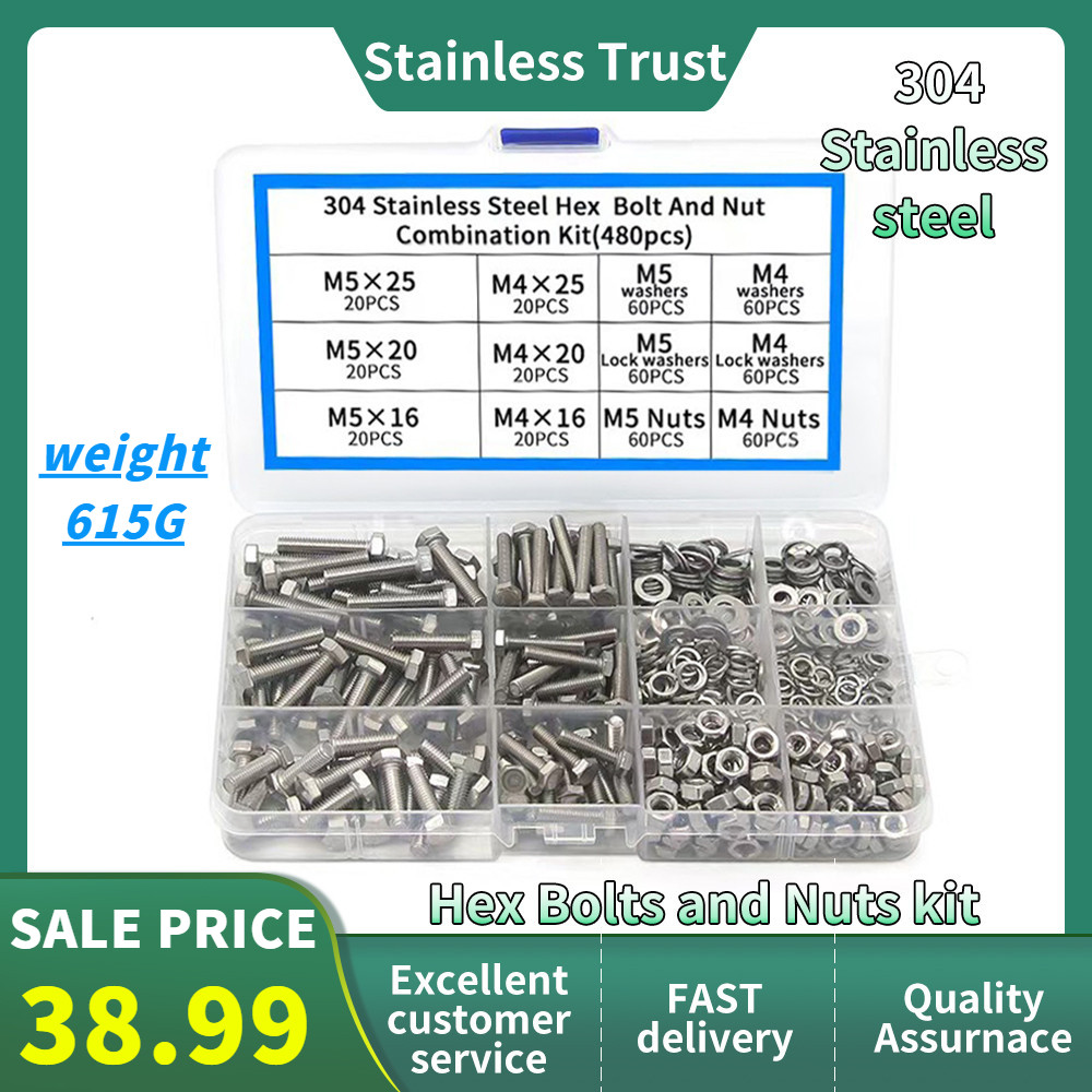 480 PCS Hex Bolts and Nuts kit, 304 Stainless Steel M4 M5 Metric Bolt ...