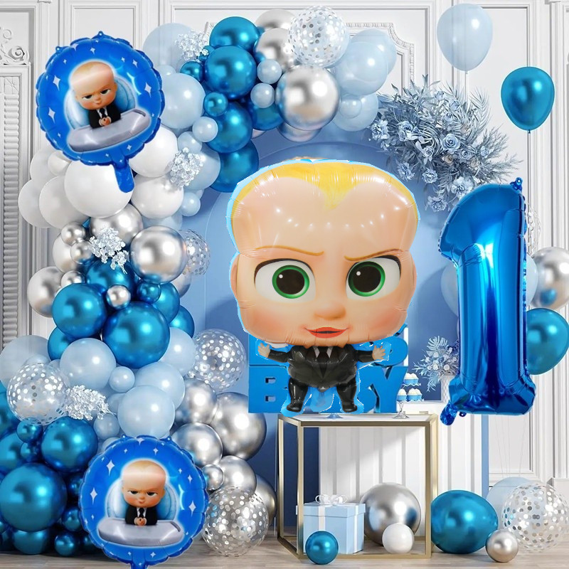 Boss Baby Theme Blue White Balloon Garland Arch Kit with Baby Boss Foil ...
