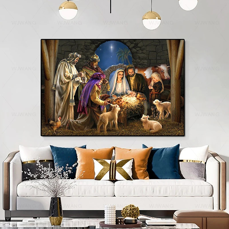 Nativity Manger Christian Virgin Mary Canvas Painting Jesus Holy Night ...