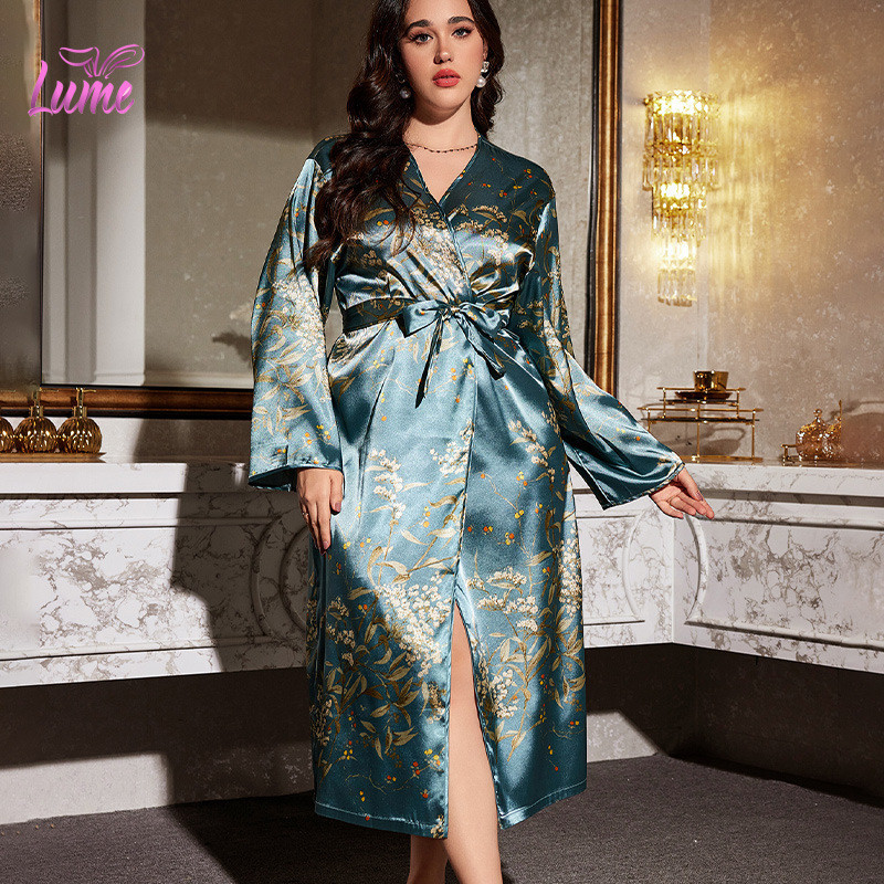 Plus Size 1X-5XL Women Pajamas Silk Satin Robe Nightgown Long Robe ...