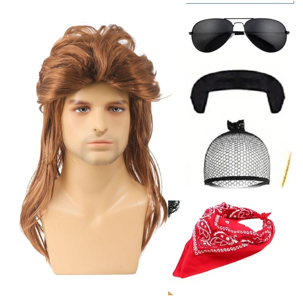 Men's Retro Wig | 60s 70s 80s BROWN Rock Mullet Vintage Cosplay Party ...