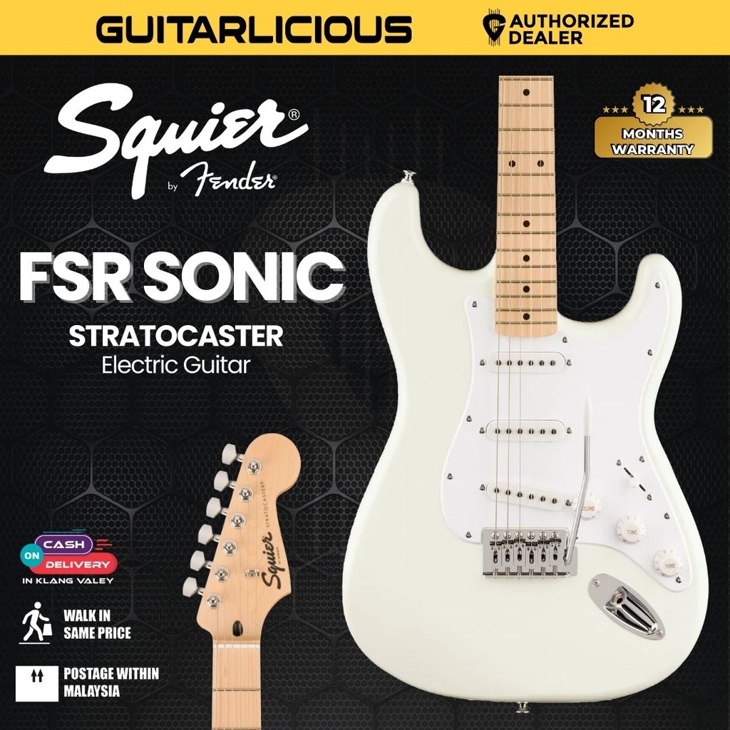 Squier FSR Sonic Stratocaster Electric Guitar w/White Pickguard, Maple FB - Arctic White ...