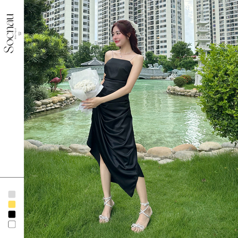 Nv146 Silk Two-String Dress with Elegant Ruffles and Beaded Straps ...