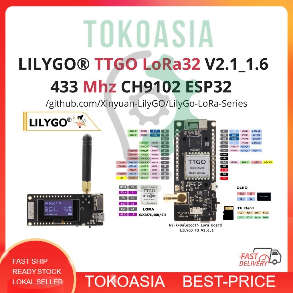 LILYGO® TTGO LoRa32 V2.1_1.6 433Mhz CH9102 ESP32 OLED 0.96 inch SD Card Bluetooth WIFI Wireless ...