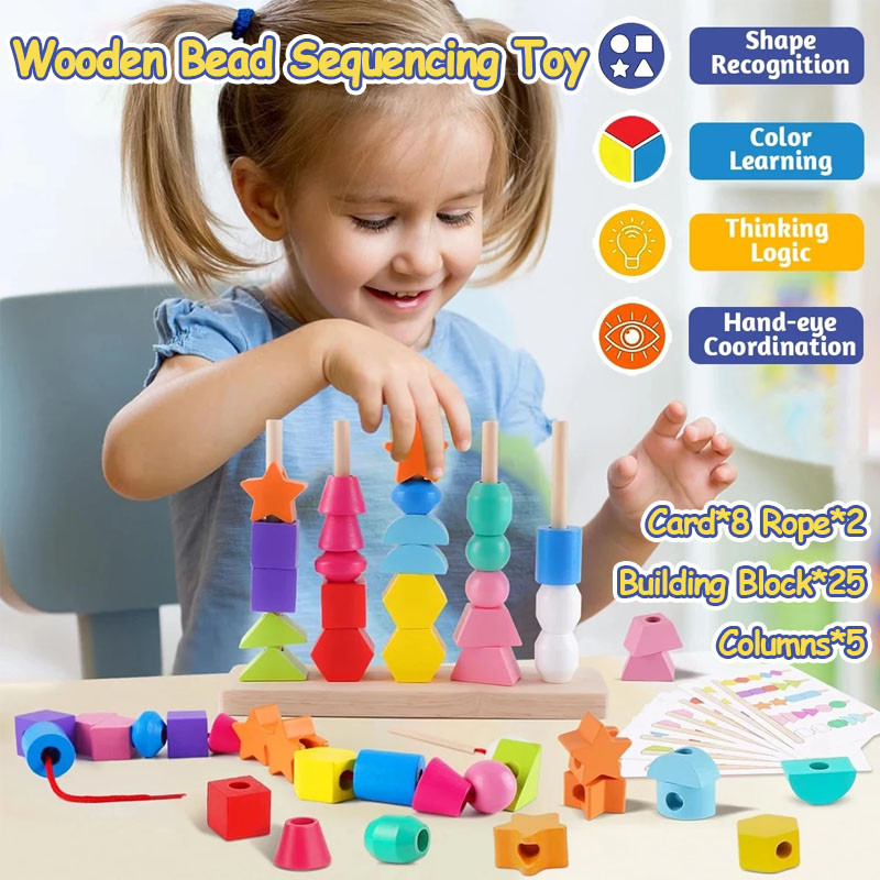 Colorful Wooden Bead Stringing Sequencing Toy Colour Shape Cognition ...