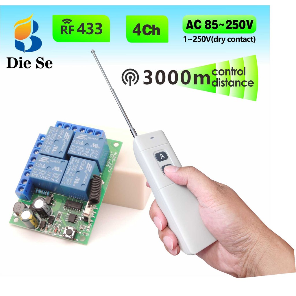 4 channel RF 433MHz Wireless Switch with Remote Control Relay,4 Way AC ...