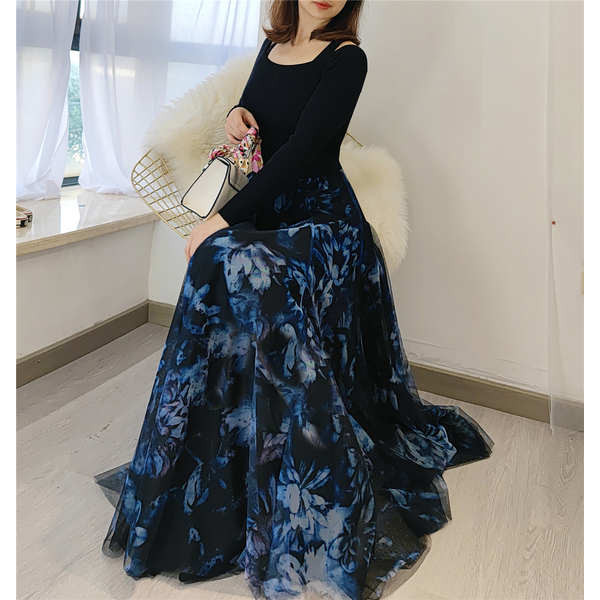 skirt labuh skirt kembang Pukulan sebenar: percetakan dakwat biru serba ...
