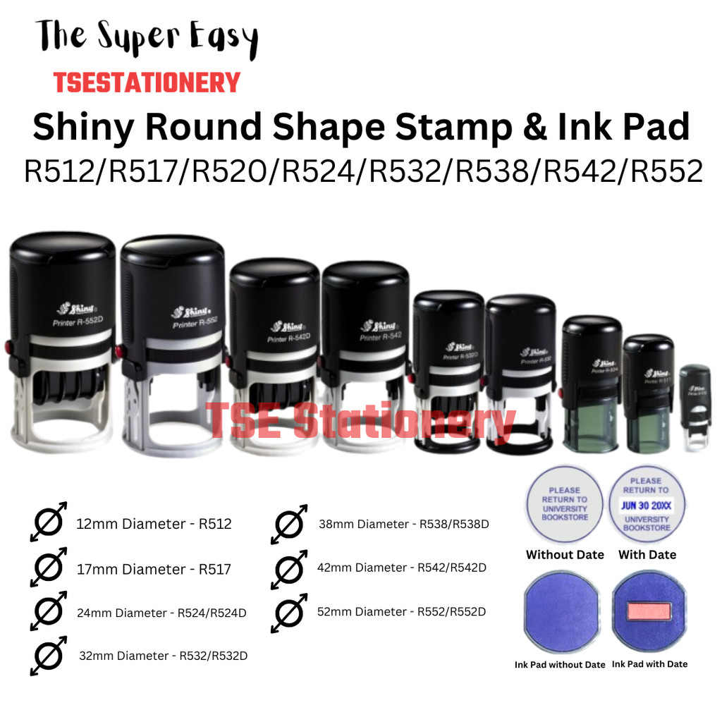Shiny Self-Inking Round Rubber Stamp and Refill Ink Pad R512 R517 R524 R532 R542 R552 Preink ...
