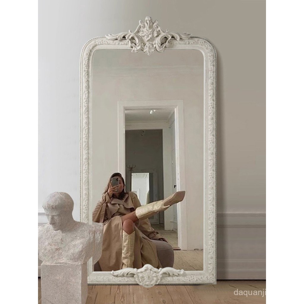 French Retro Carved Full-Body Mirror European White Fitting Floor ...