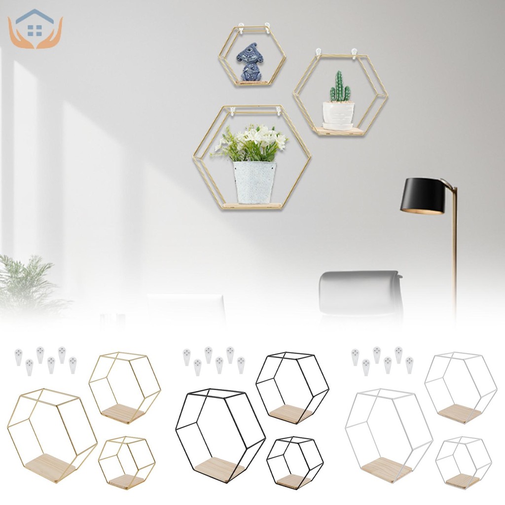 3Pcs Wall Mounted Storage Shelves Hexagon Shape Wall Floating Shelves ...