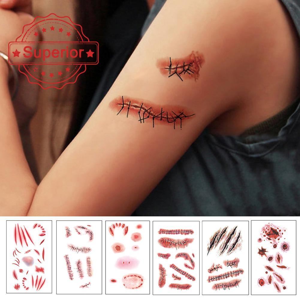 ♥ Halloween Scar Tattoo Stickers Scary Realistic Fake Blood Masquerade ...