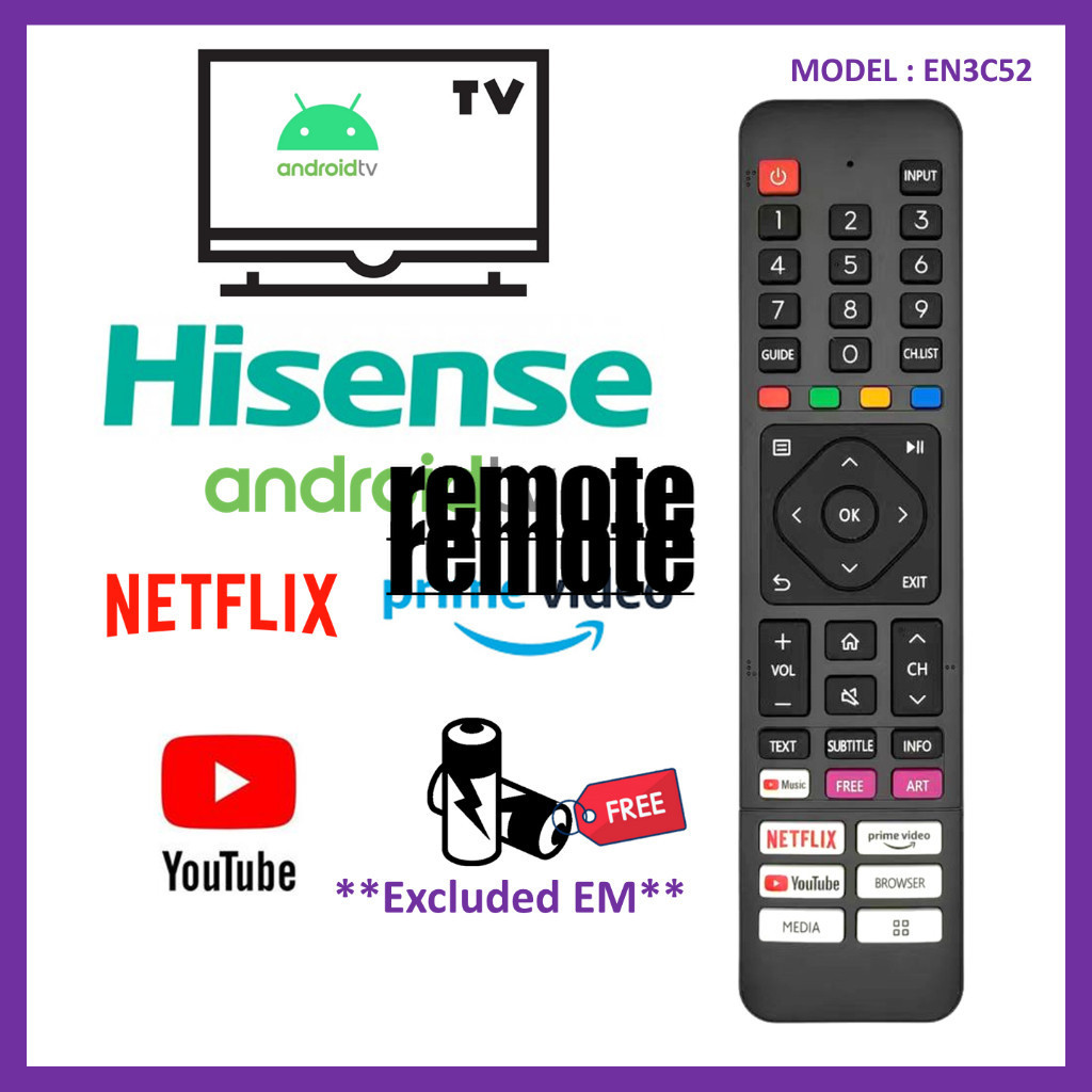 Hisense 4K UHD QLED Android Smart TV Remote Control EN3C52 Replacement ...