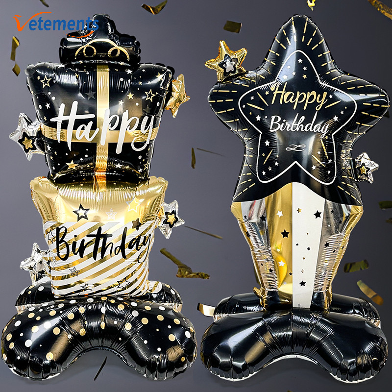 Double Layers Black Gold Present Boxes Shape Standing Balloon ...