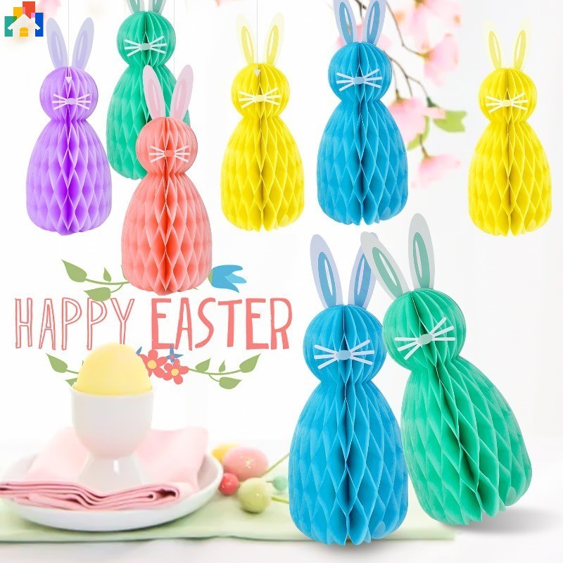 Happy Easter Bunny Honeycomb Ball Hanging Pendant 3D Rabbit Table ...