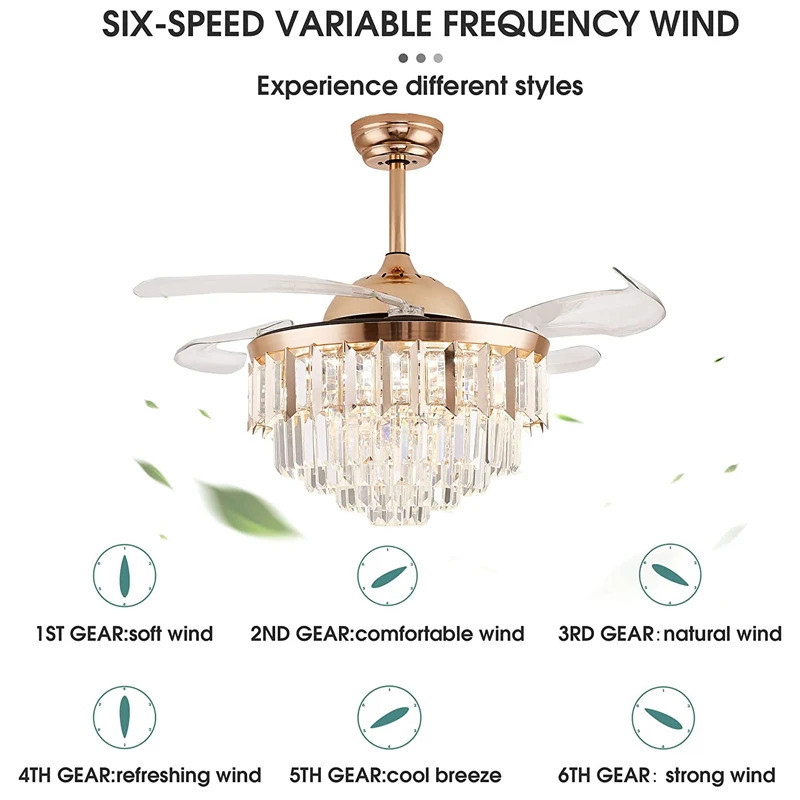 Crystal Retractable Chandelier Ceiling Fan, 42” Invisible Blades ...