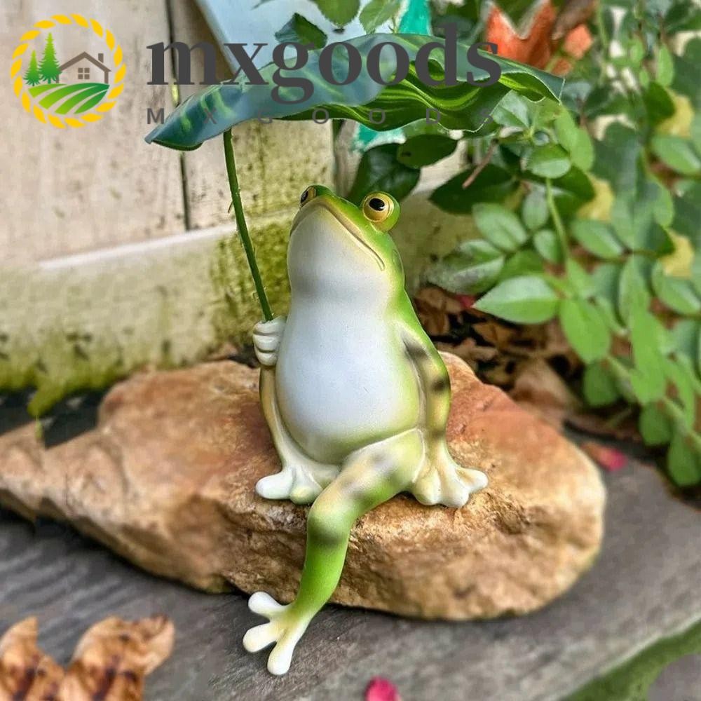 MXGOODS Frog Figurine, Creative with Leaf Garden Frog Statue, Cartoon Craft Landscape Decoration ...