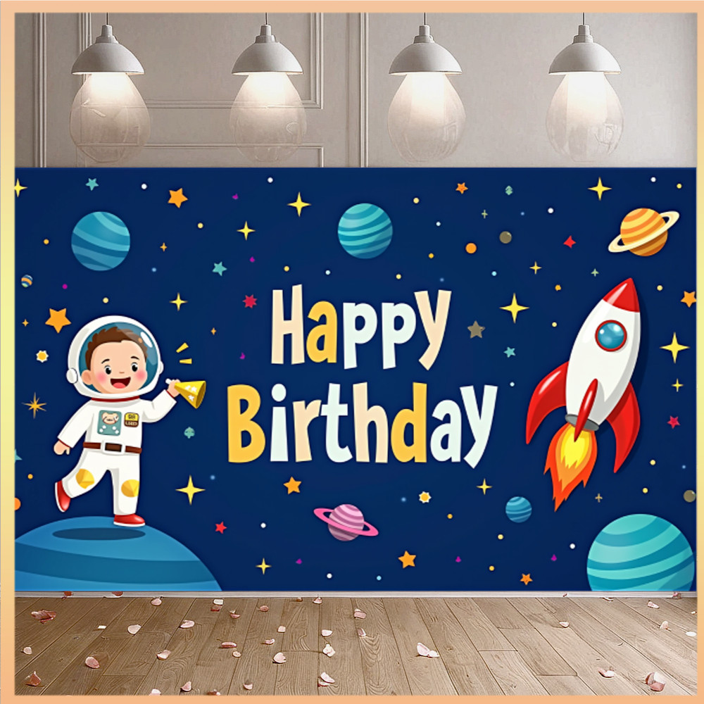 Astronaut Space Theme Happy Birthday Banner For Kids Party Backdrop ...