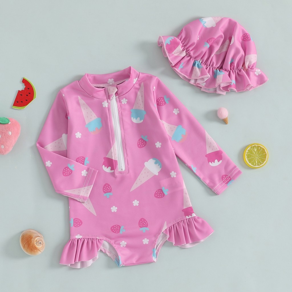 Popp-Girls Rash Guard Swimsuit Romper Long Sleeve Floral/Strawberry ...