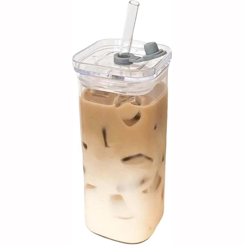 Glass Cups with Lids and Straws, 400ml Clear Portable Safe Square ...