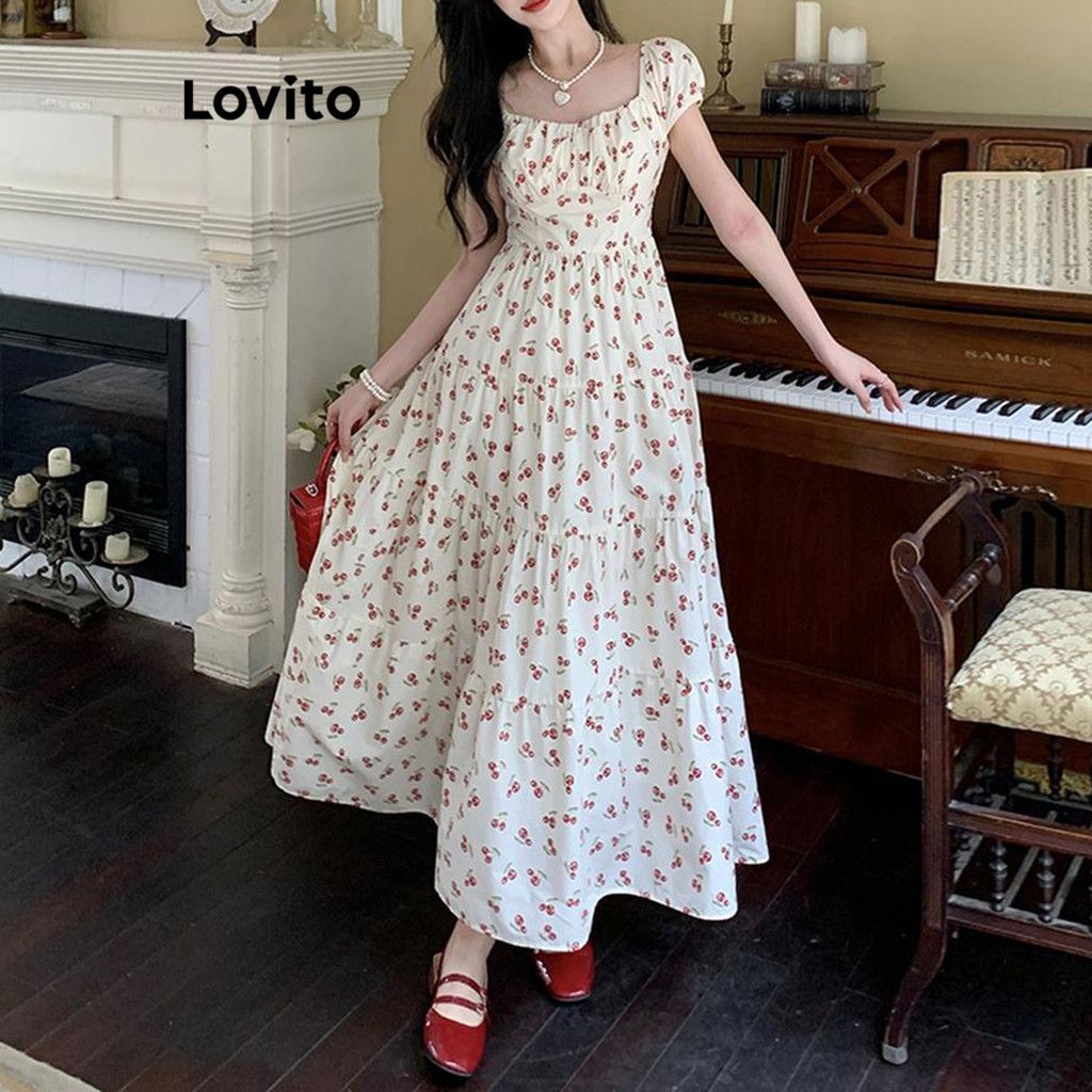 Lovito Elegant Dress Ditsy Floral Pattern Draped Structure Line Dress ...
