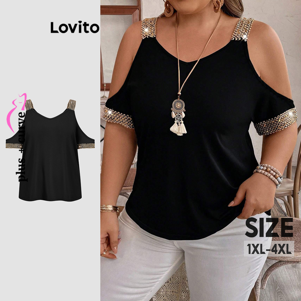 Lovito Plus Size Curve Elegant Plain Cut Out T-Shirt for Women LBL19318 ...