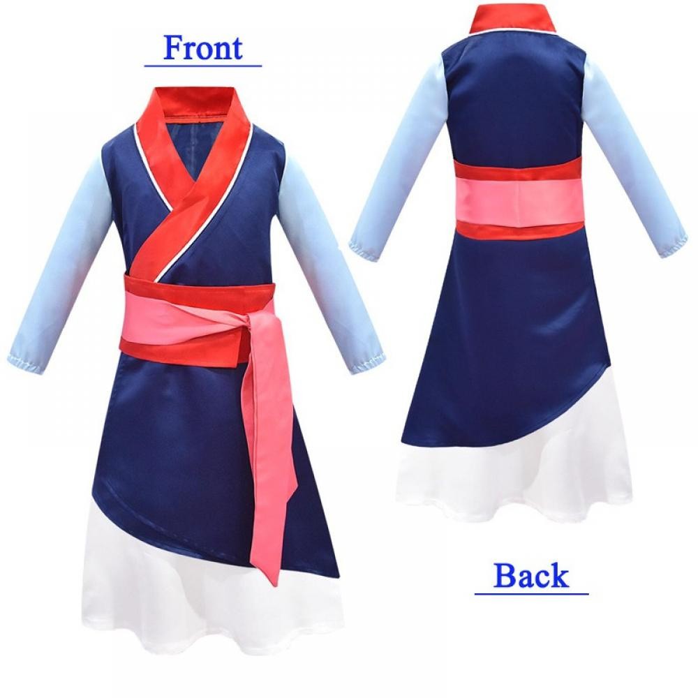 Hua Mulan Costume for Kids Girl Blue Skirt Belt Fan Outfits Kimono ...